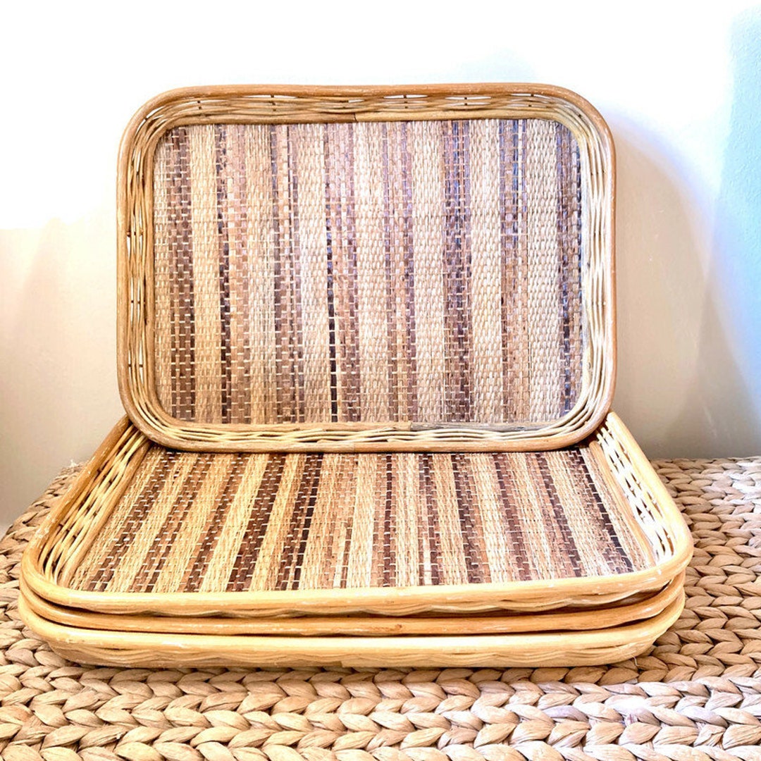 Vintage Woven Straw and Bamboo Trays, Set of Four, Bohemian Eclectic ...