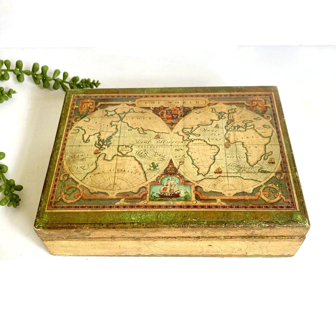 Vintage Gold Florentine Box, World Map, Rectangular Shape - Etsy