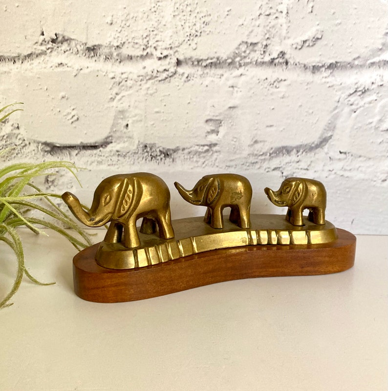 Vintage Brass Elephant Trio on Wooden Base - Etsy