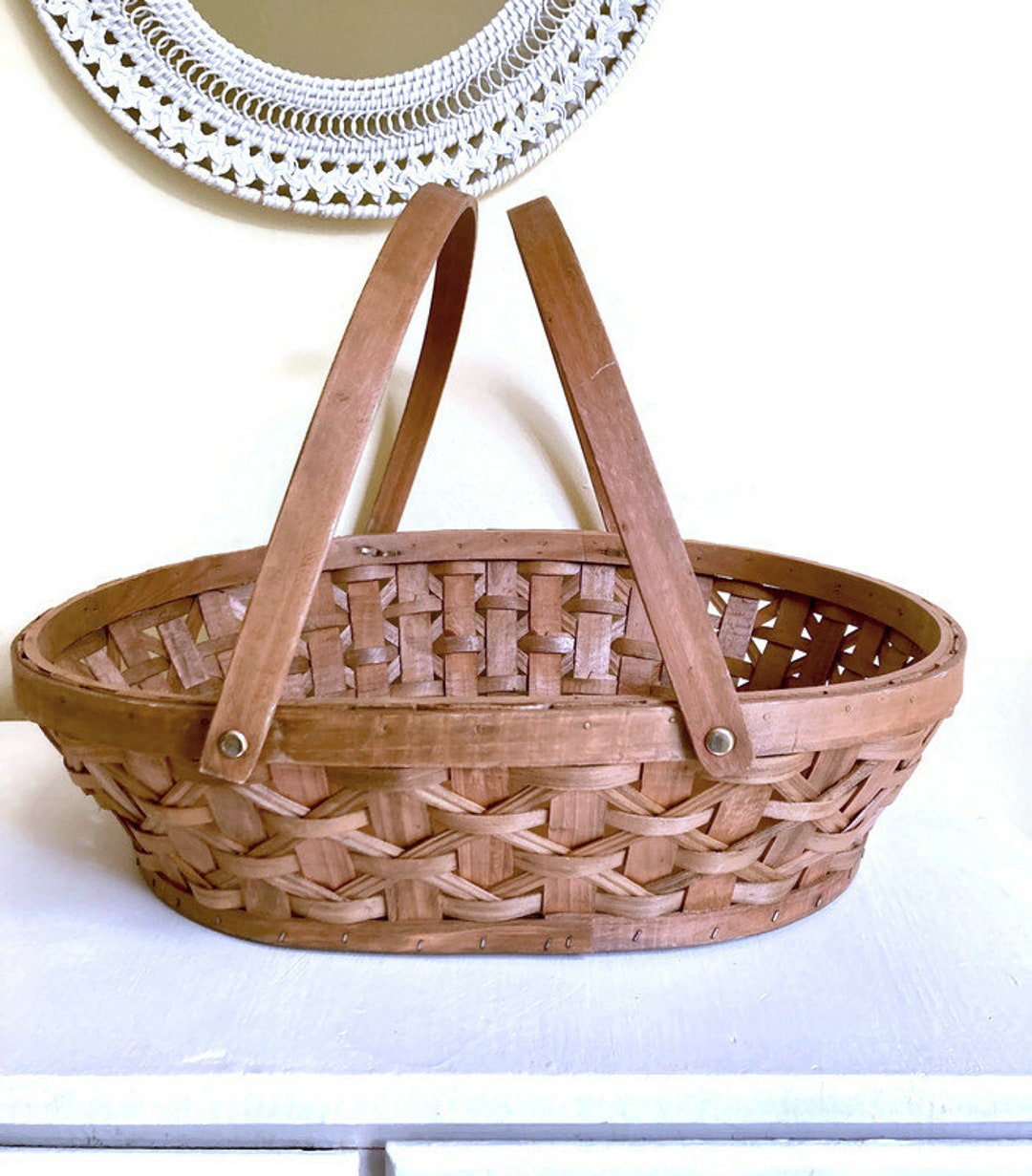 Vintage Large Shallow Basket With Handles, Slat Woven, Storage Basket ...