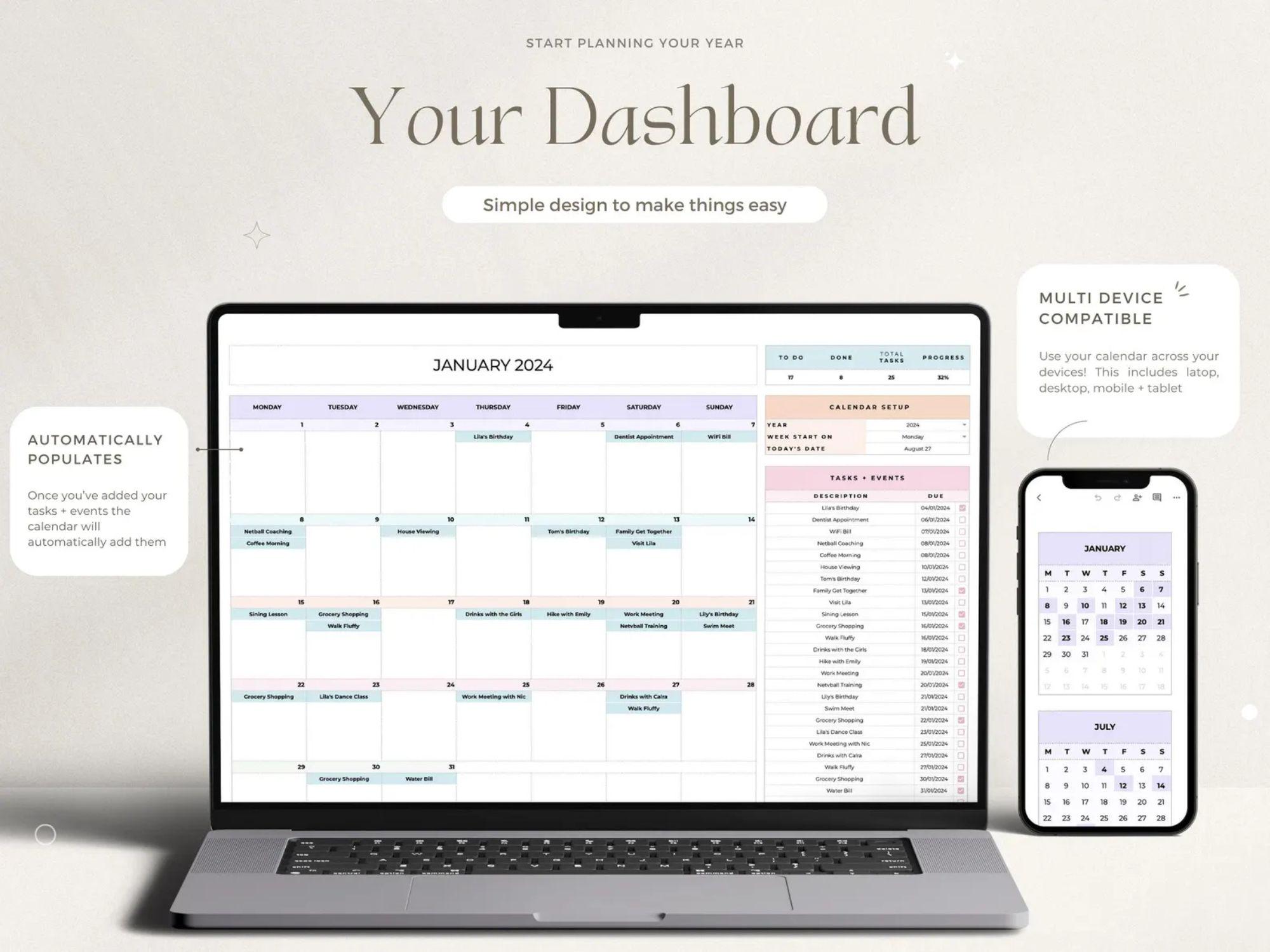 Google Sheets Calendar | Monthly & Yearly Planner | Digital Calendar ...