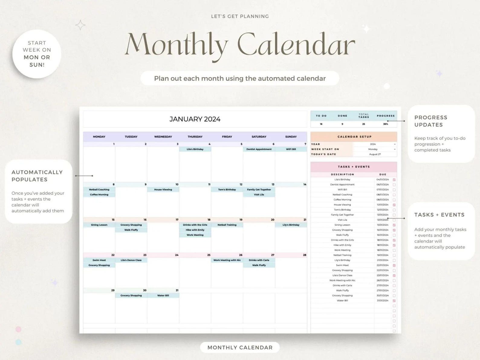 Google Sheets Calendar | Monthly & Yearly Planner | Digital Calendar ...