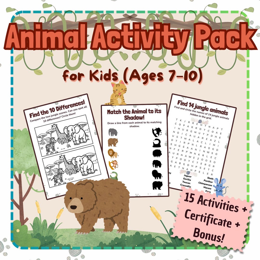 Animal Activity Pack: 15 Printable Kids Worksheets (ages 7-10) (digital ...