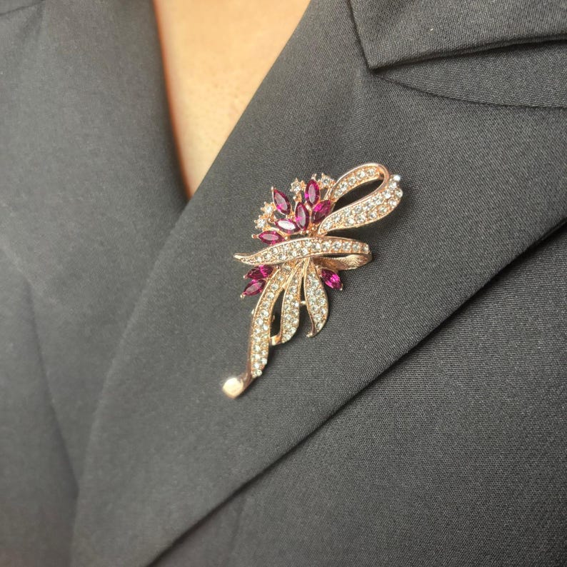 Rose Gold Leaf Brooch – Crystal & Maroon Gem Floral Pin – Vintage-style ...