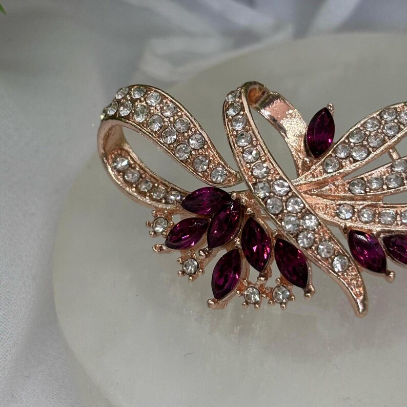 Rose Gold Leaf Brooch – Crystal & Maroon Gem Floral Pin – Vintage-style ...