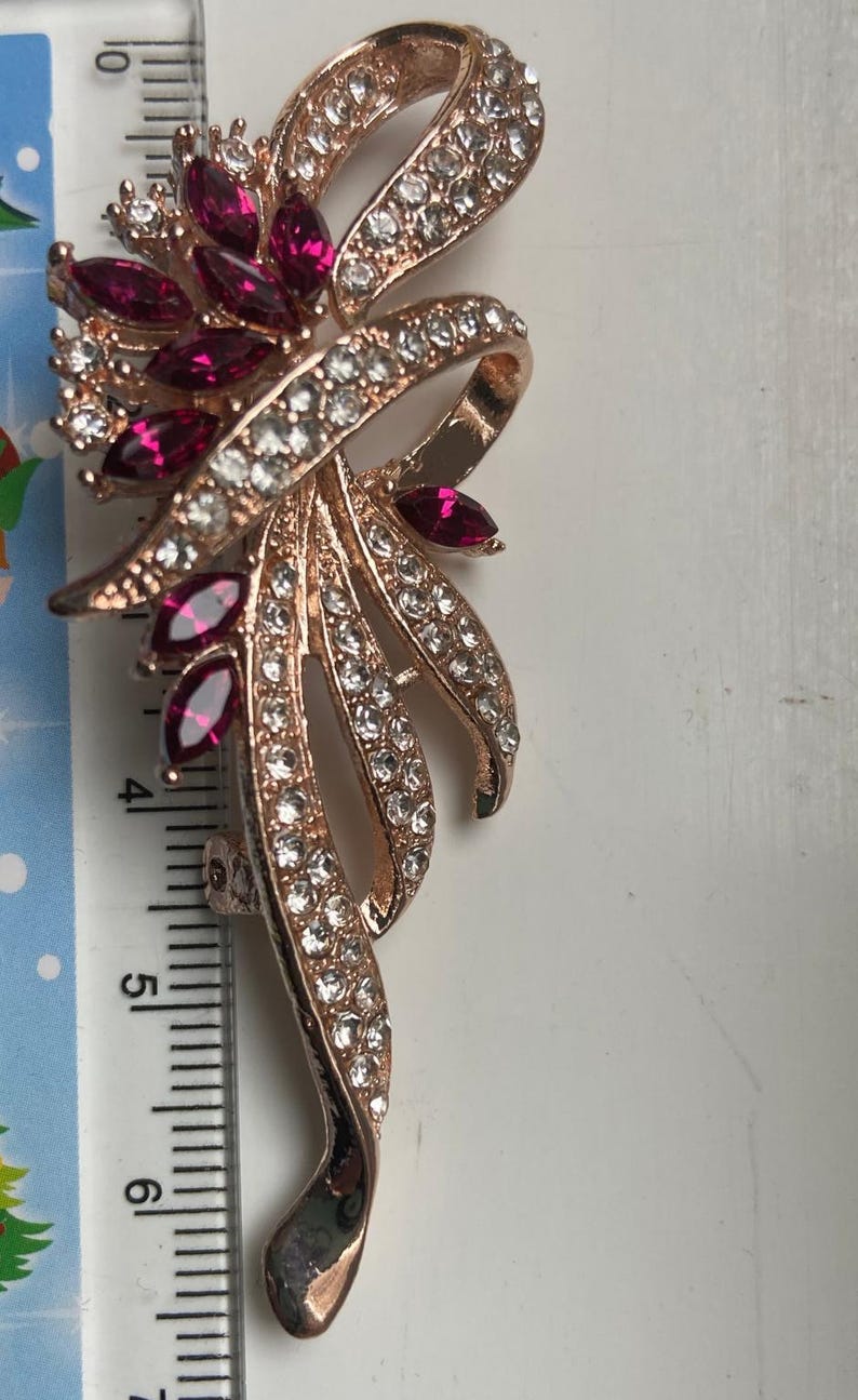 Rose Gold Leaf Brooch – Crystal & Maroon Gem Floral Pin – Vintage-style ...