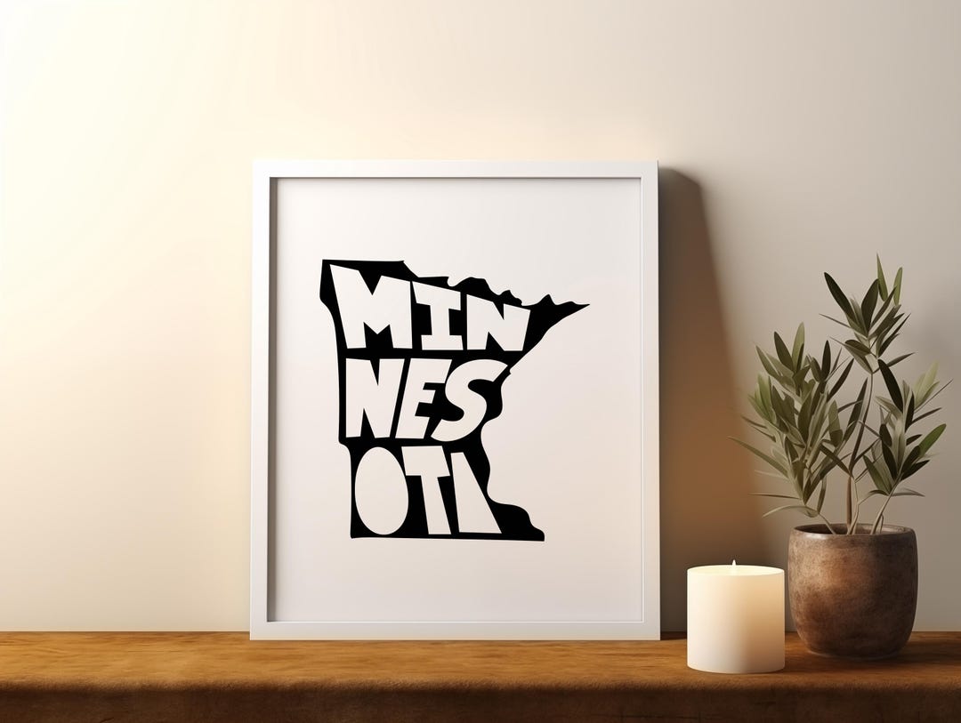 Minnesota State Typography Art | Minimalist Black & White Wall Print ...