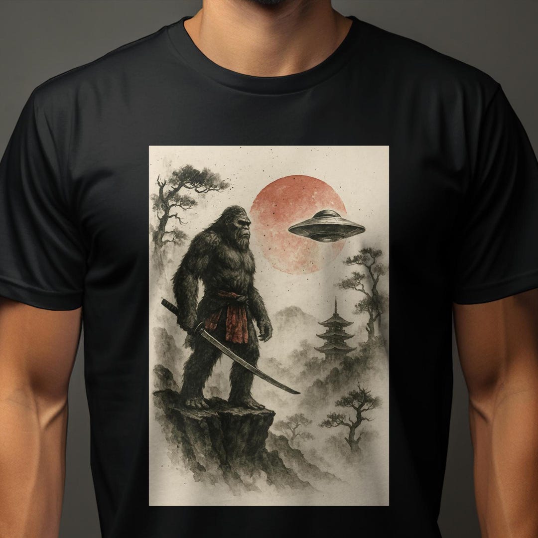 Samurai Bigfoot Digital PNG, Japanese Art Print, UFO Illustration ...