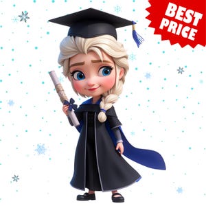 Elsa Graduation PNG | Cute Frozen Princess Cap & Gown Digital Clipart ...