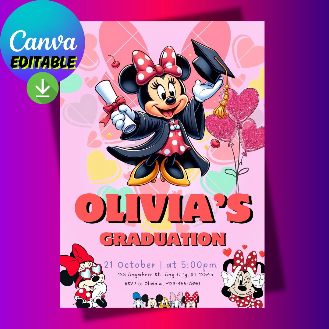 Minnie Mouse Graduation Invitation | Editable Canva Template ...