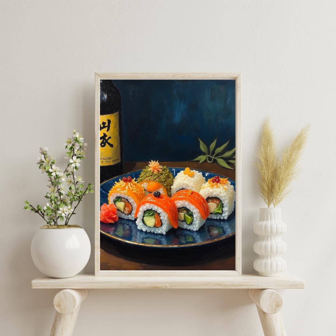 Sake and Sushi Oil Print | Cute Quirky Whimsical | Japanese Art Oil ...