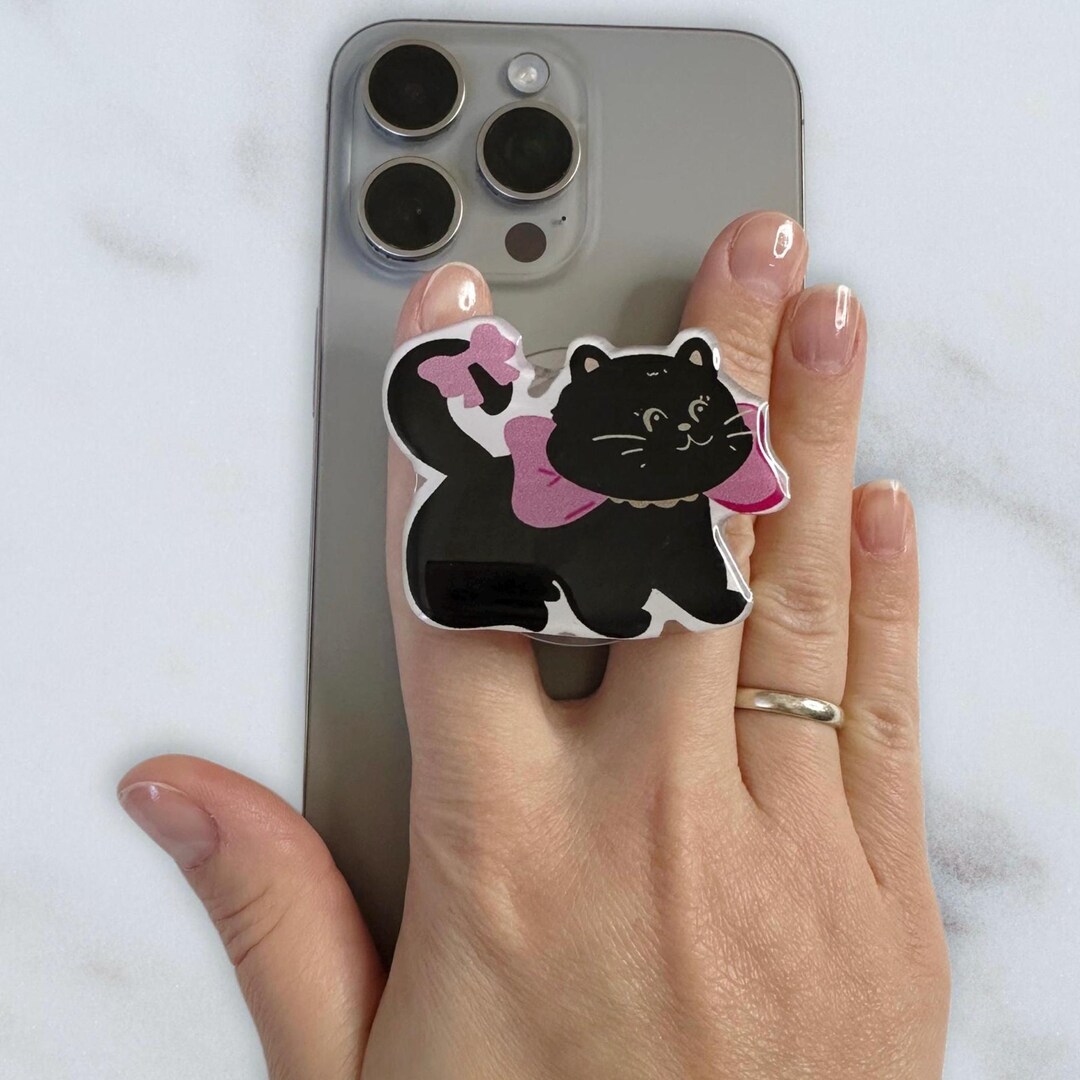 Black Cat Phone Grip – Cute Kawaii Popsocket, Acrylic Animal Phone ...