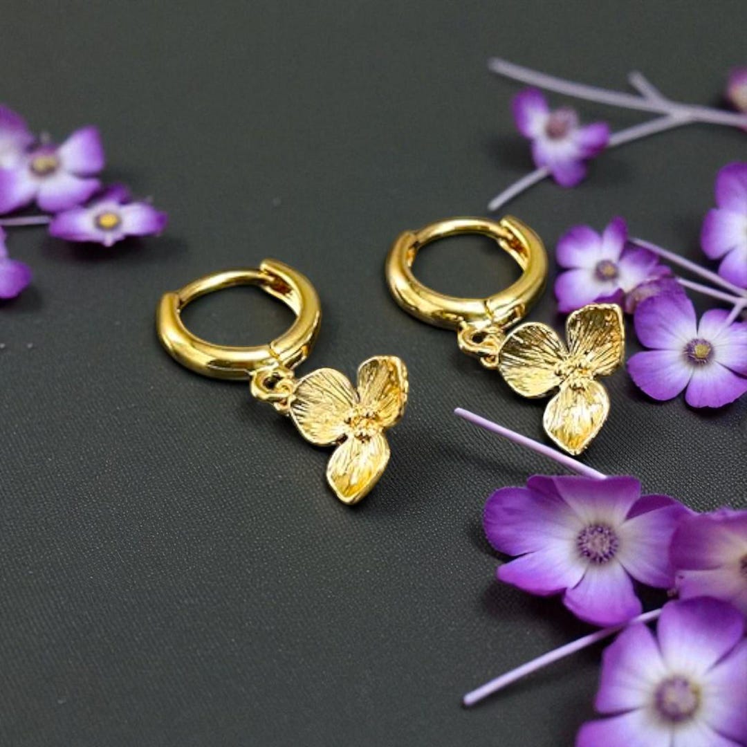 Gold Plated Small Huggies With Flower Charm | 18K Crystal Drop Dangle ...