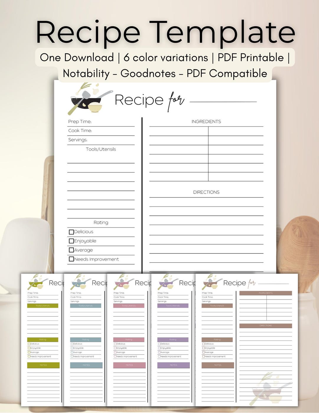 Recipe Page Template | Printable Recipe Card | Digital Recipe Organizer ...
