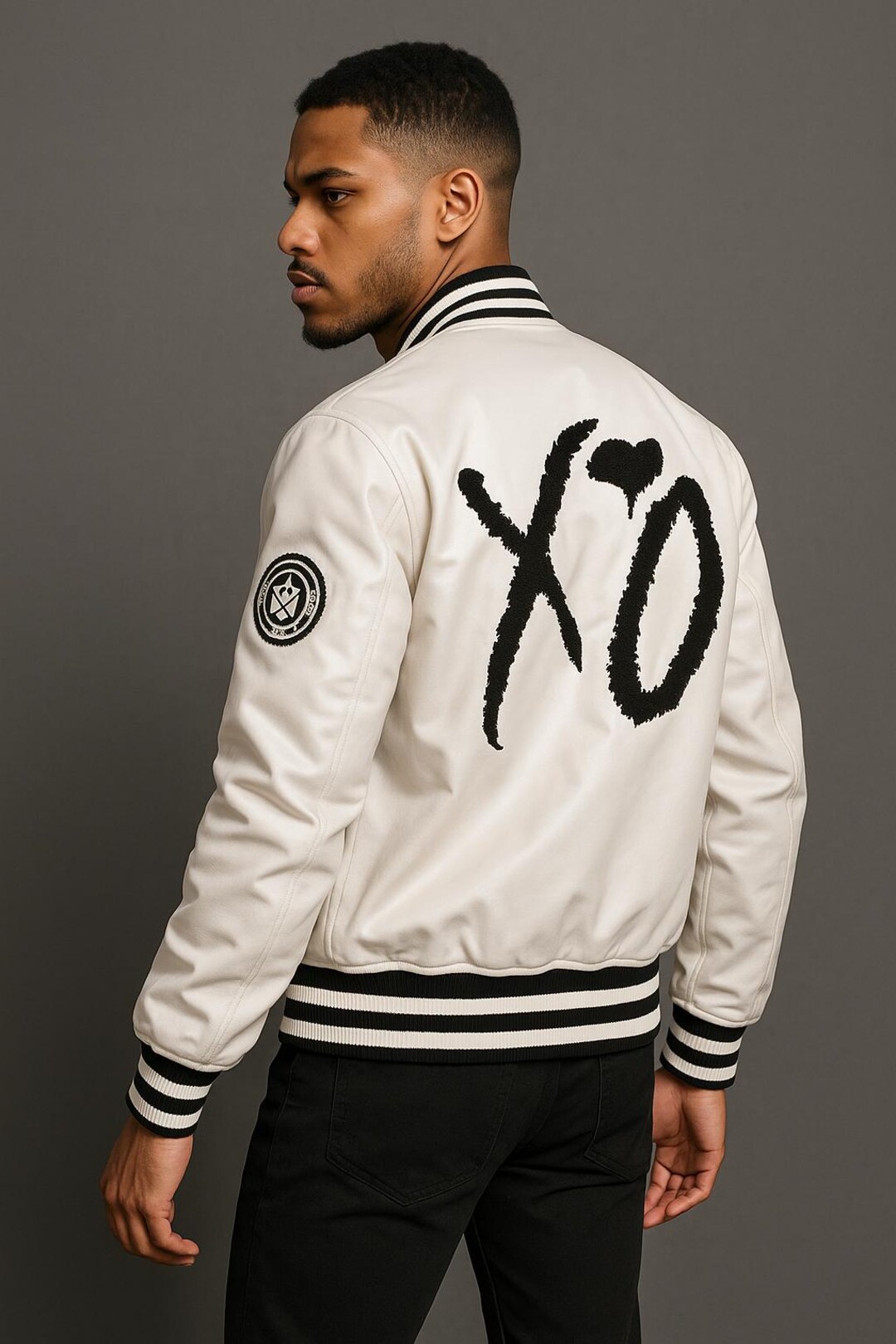 Handmade Weeknd XO Varsity Jacket – White Leather XO Bomber | Starboy ...