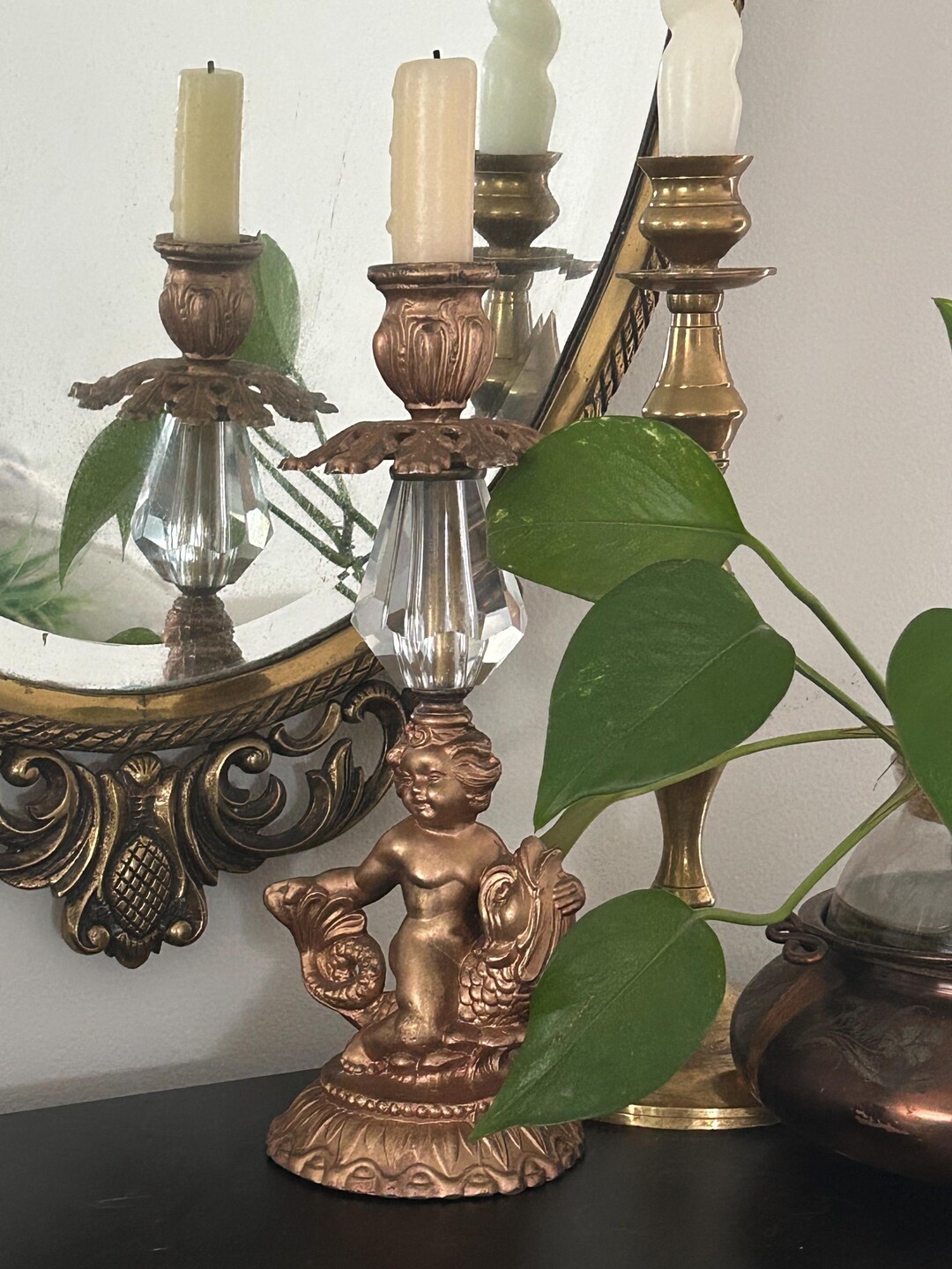 Vintage Cherub Riding Koi Fish Metal Candle Holder/gold/art Nouveau ...