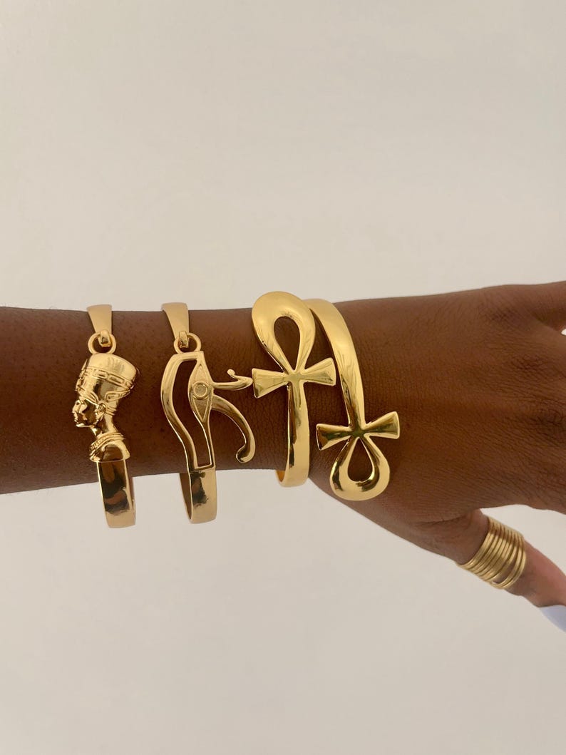 Ancient Goddess Egyptian Statement Bangles, 18K Gold African Statement ...