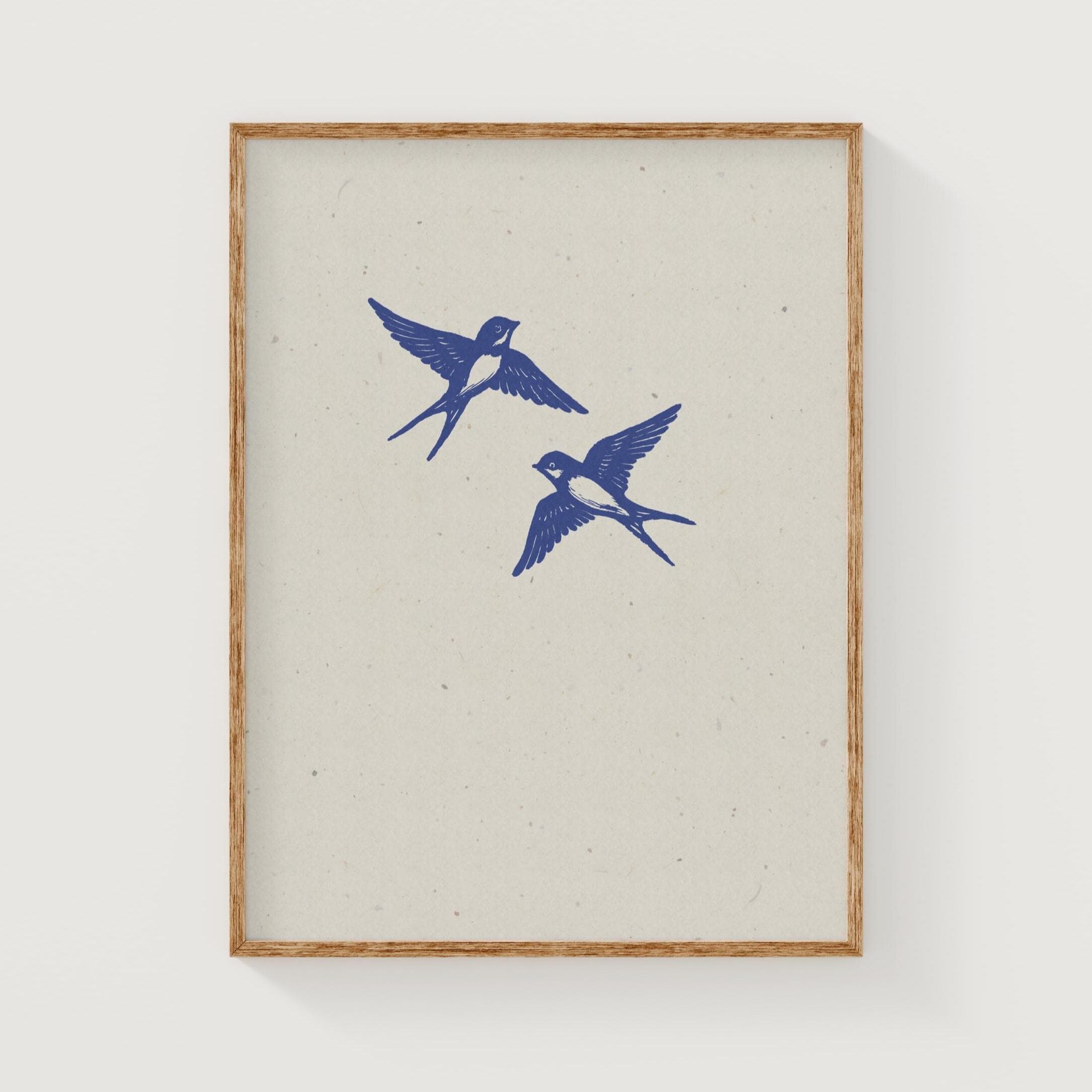 Blue Swallow Birds Art Print, Blue and White Wall Art, Minimalist ...