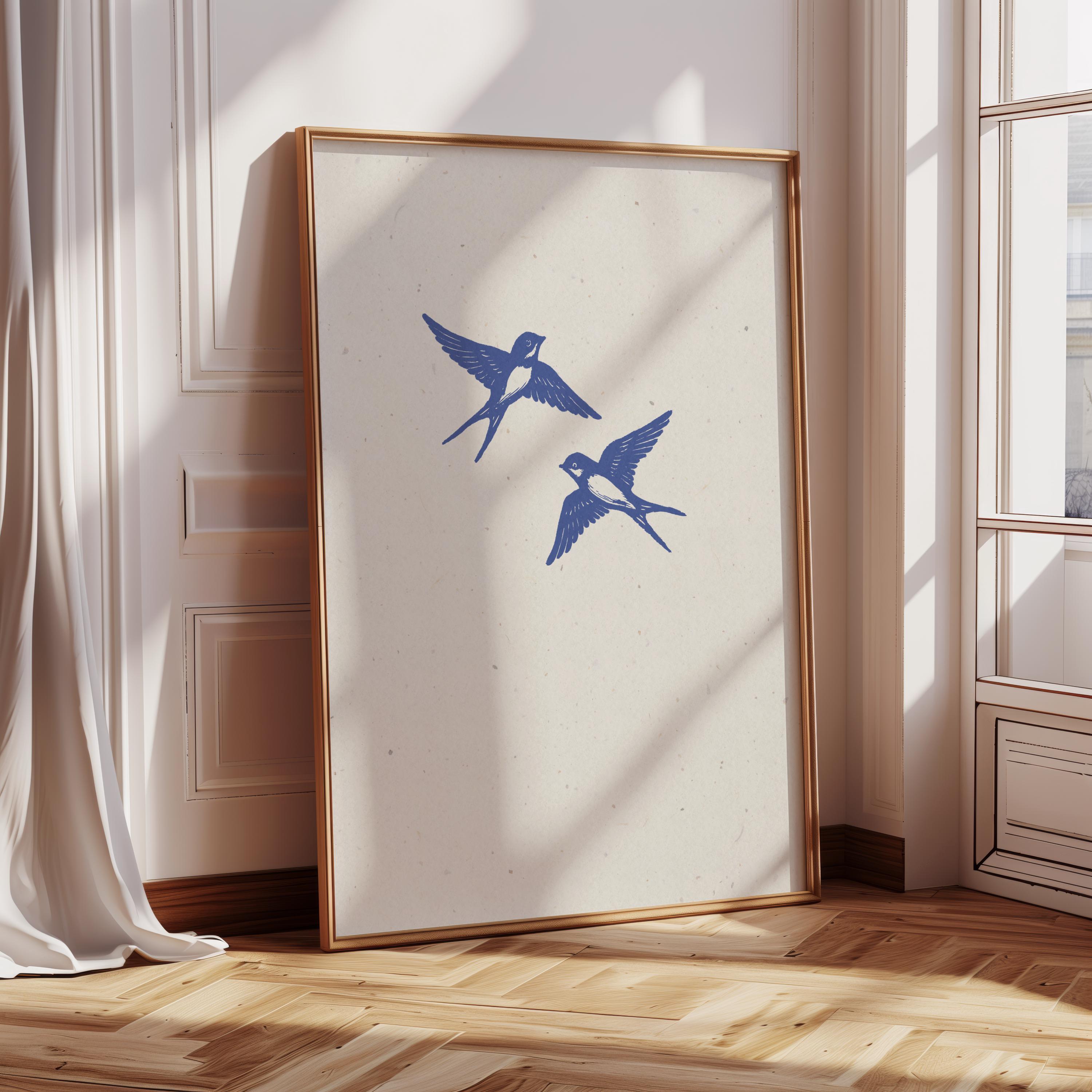 Blue Swallow Birds Art Print, Blue and White Wall Art, Minimalist ...