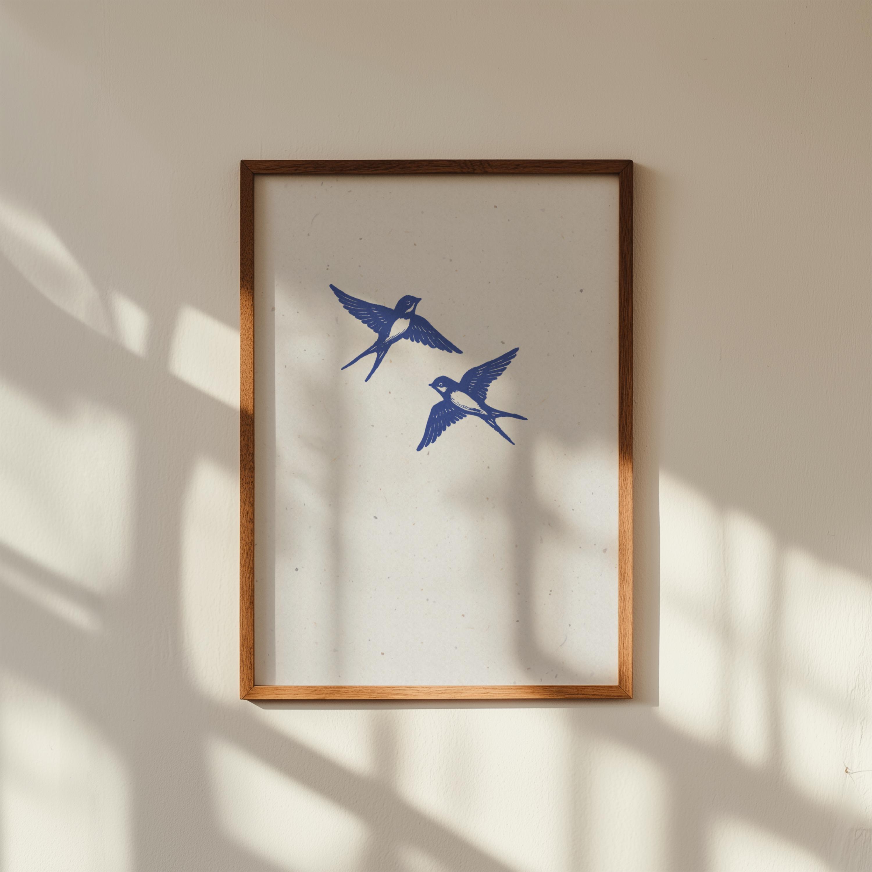 Blue Swallow Birds Art Print, Blue and White Wall Art, Minimalist ...