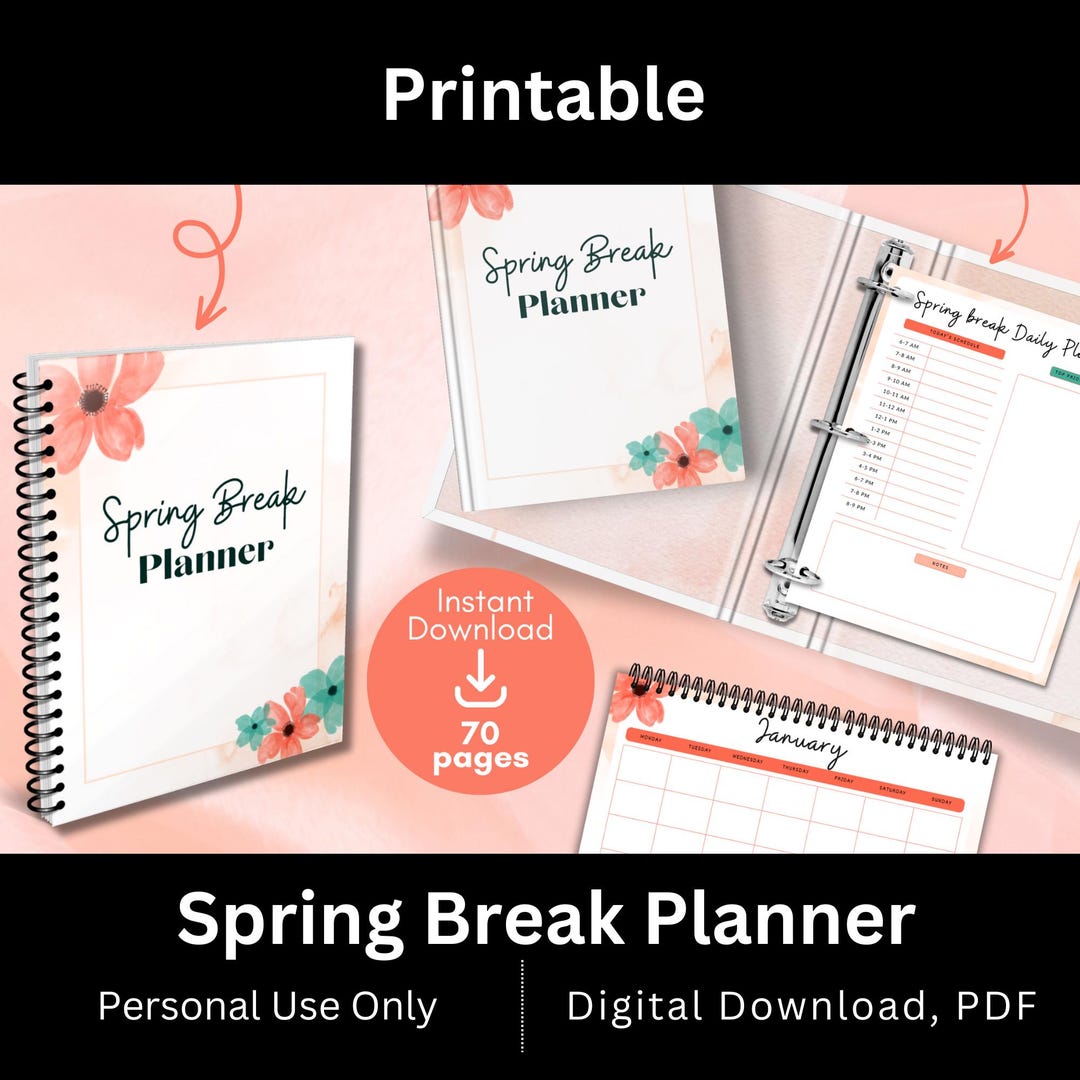Printable Spring Break Planner. Peach Floral Design. 70 Pages. Bonus ...