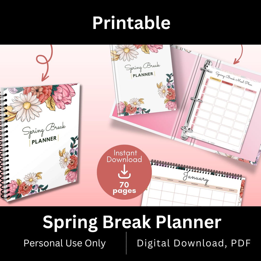 Printable Spring Break Planner. Pink, Peach, and Reds Floral Design. 70 ...
