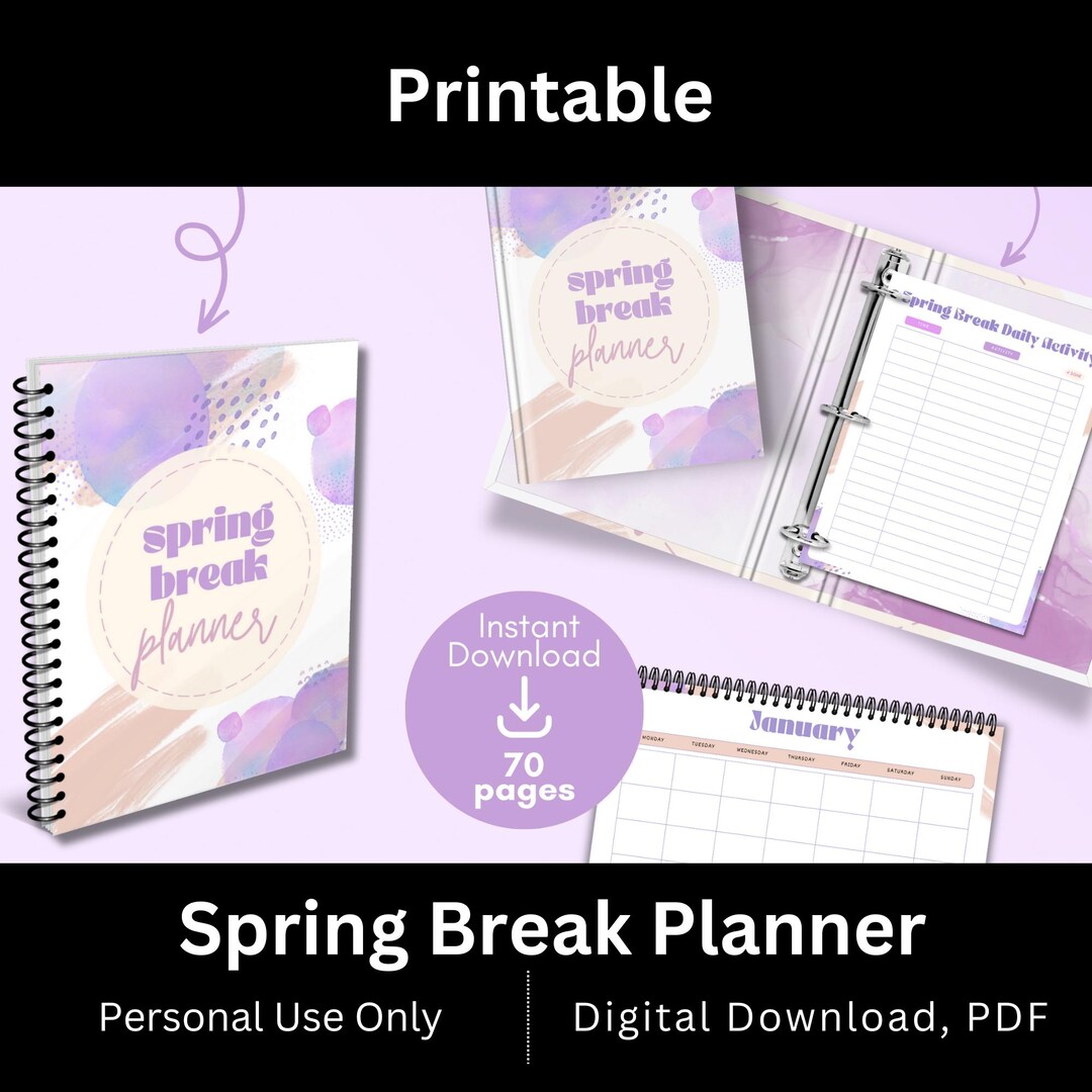 Printable Spring Break Planner. Purple Floral Design. 70 Pages. Bonus ...