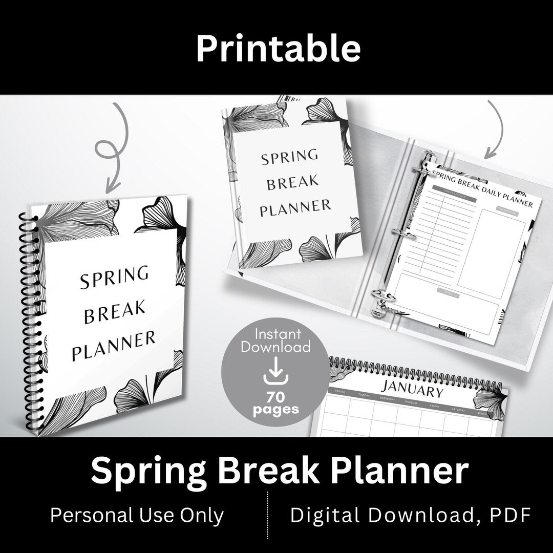 Printable Spring Break Planner. Black and White Floral Design. 70 Pages ...