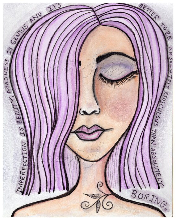 Purple Hair Watercolor Painting Portrait of a Woman Art Print - Etsy
