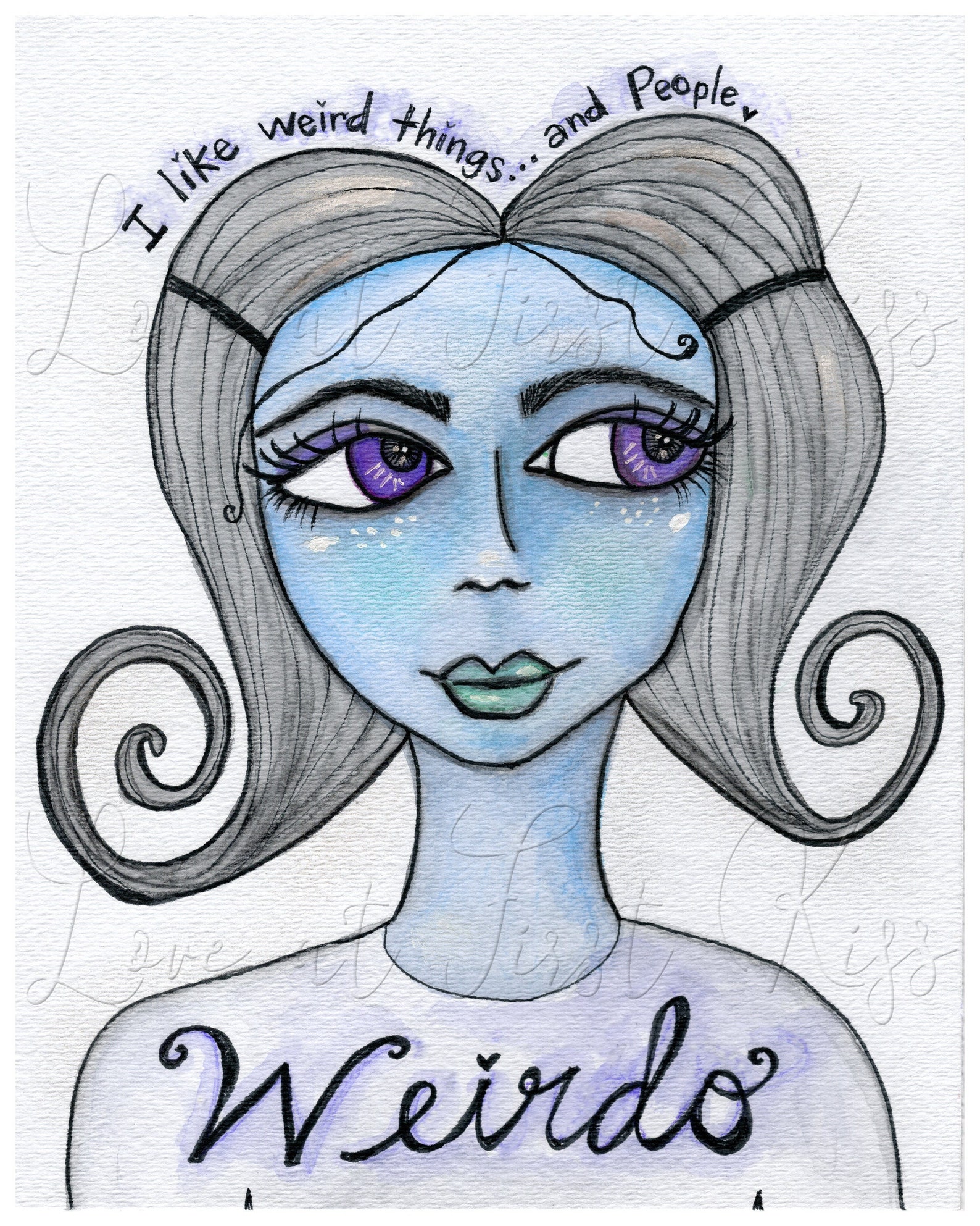 Watercolor Painting Creepy Cute Alien, Weirdo Woman With Curly Hair Art ...