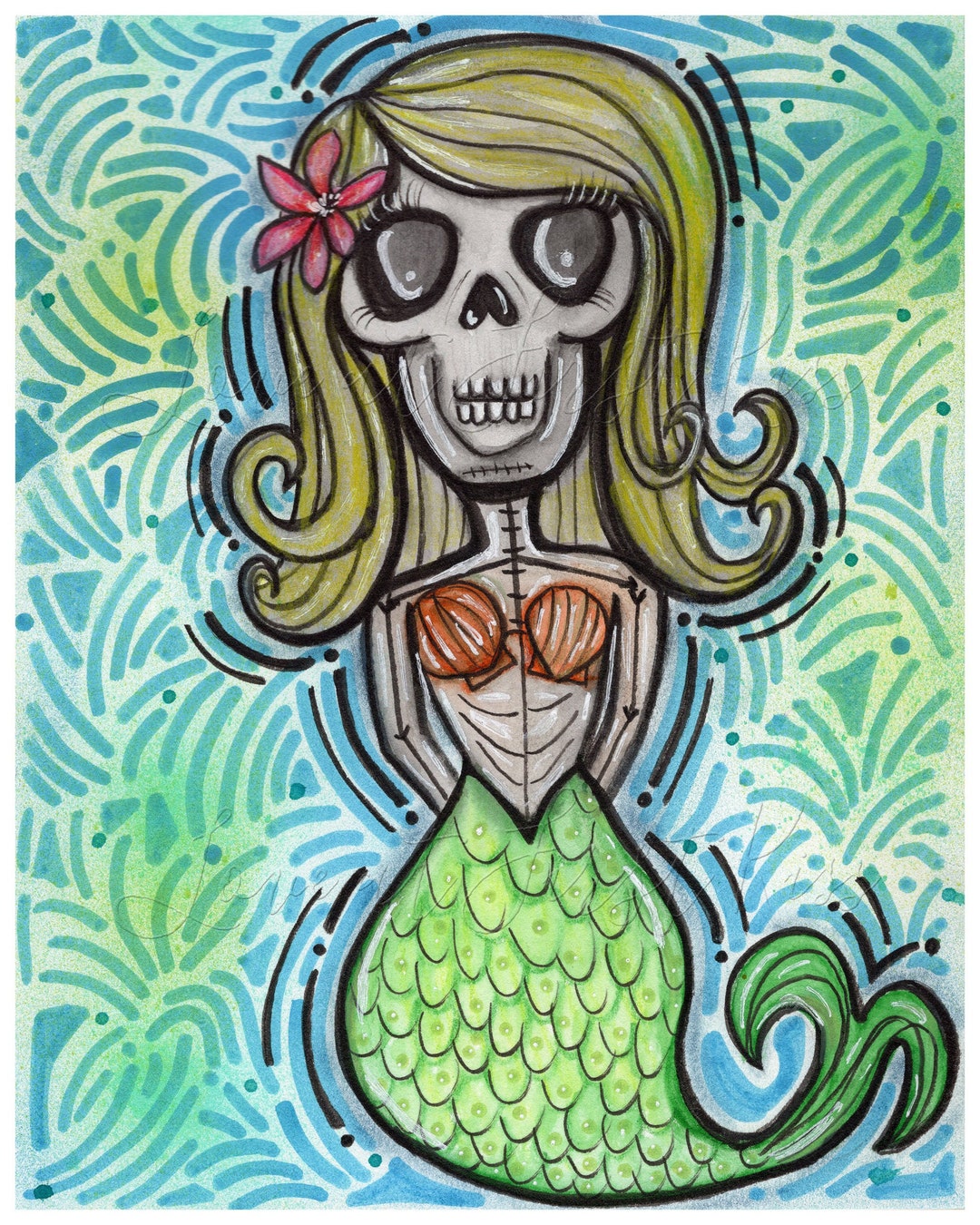 Dead Sea Mermaid Watercolor Painting Art Print, Tiki Wall Art, Skull - Etsy