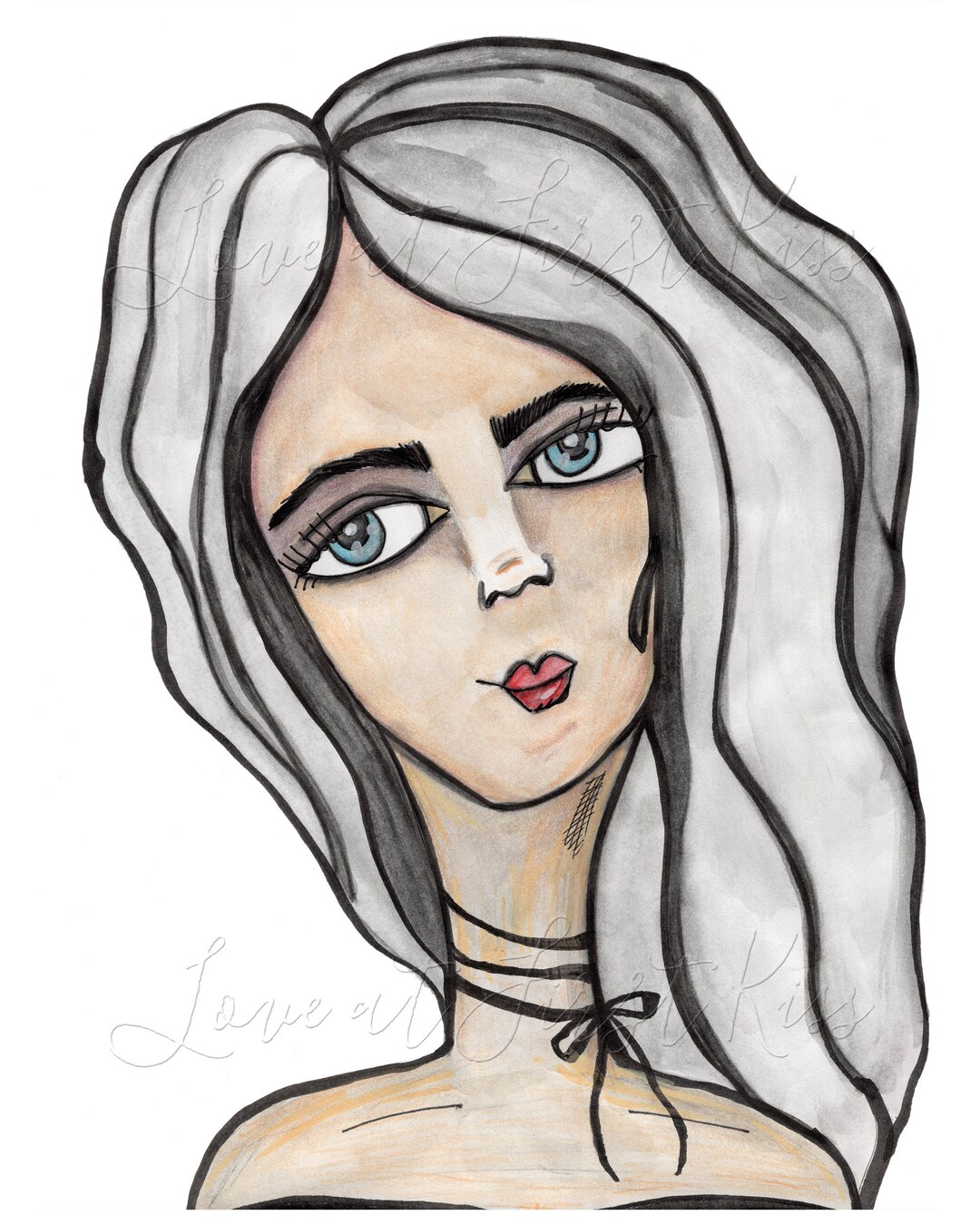 Woman With Choker Watercolor Painting Art Print - Steampunk Gothic - Etsy