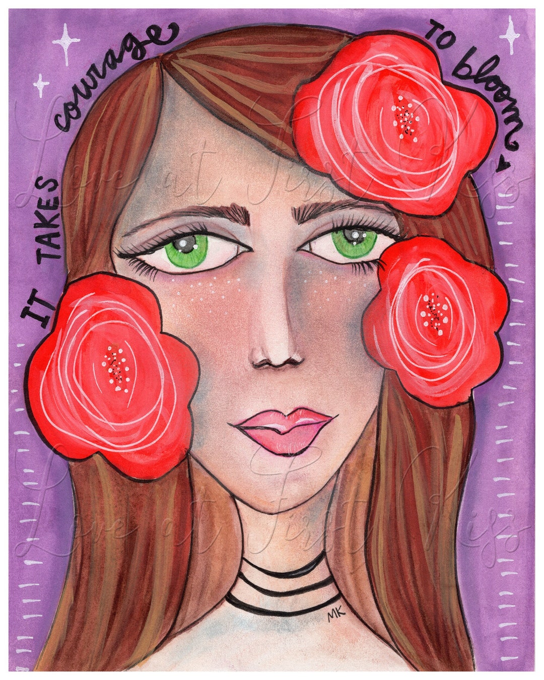 It Takes Courage to Bloom Watercolor Painting, Portrait of a Woman With ...