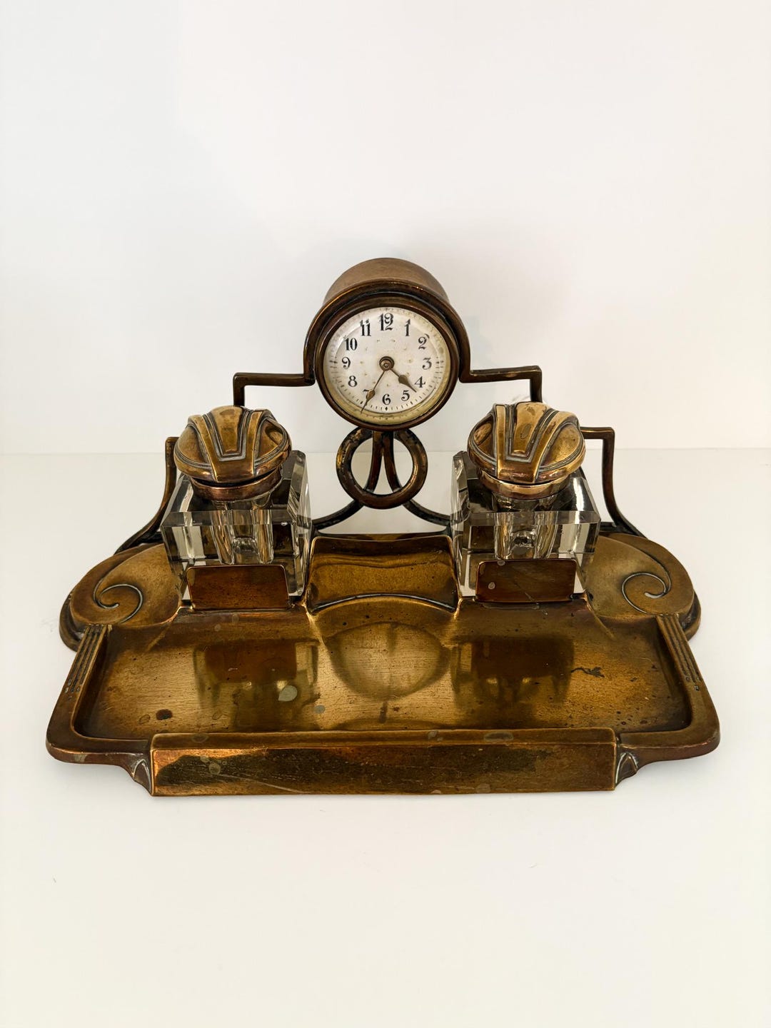 Antique Brass Victorian Desk Set With Working Clock – Unusual Quality ...