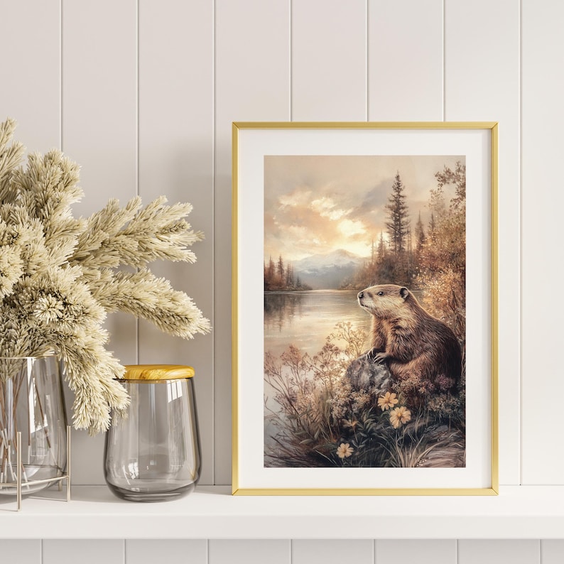 Canadian Beaver Art Print, Cabin Wall Decor, Cottage Wall Art, Lake ...