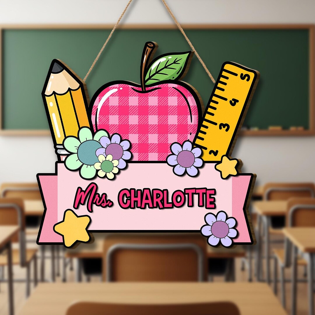 Personalized Teacher Door Sign – Cute Apple Pencil Ruler Design With ...