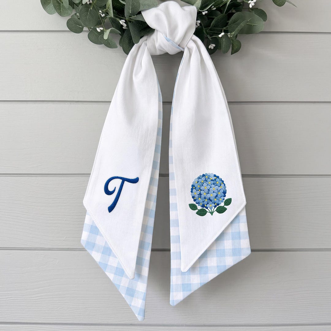 Personalized Hydrangea Wreath Sash - Blue Gingham Monogrammed Wreath ...