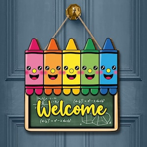 Crayon Welcome Classroom Door Sign – Cute Rainbow Teacher Door Hanger ...