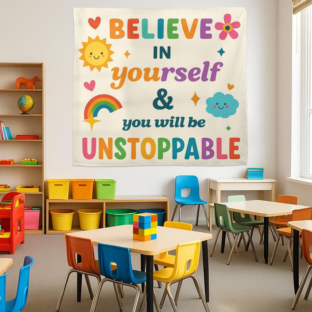 Believe in Yourself Classroom Wall Tapestry, Motivational Quote Banner ...