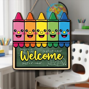 Crayon Welcome Classroom Door Sign – Cute Rainbow Teacher Door Hanger ...