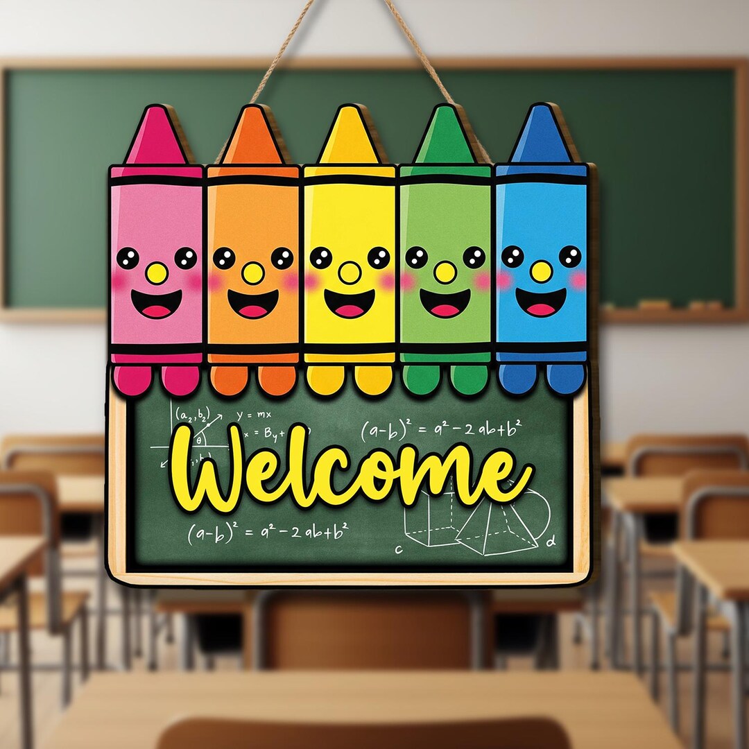 Crayon Welcome Classroom Door Sign – Cute Rainbow Teacher Door Hanger ...