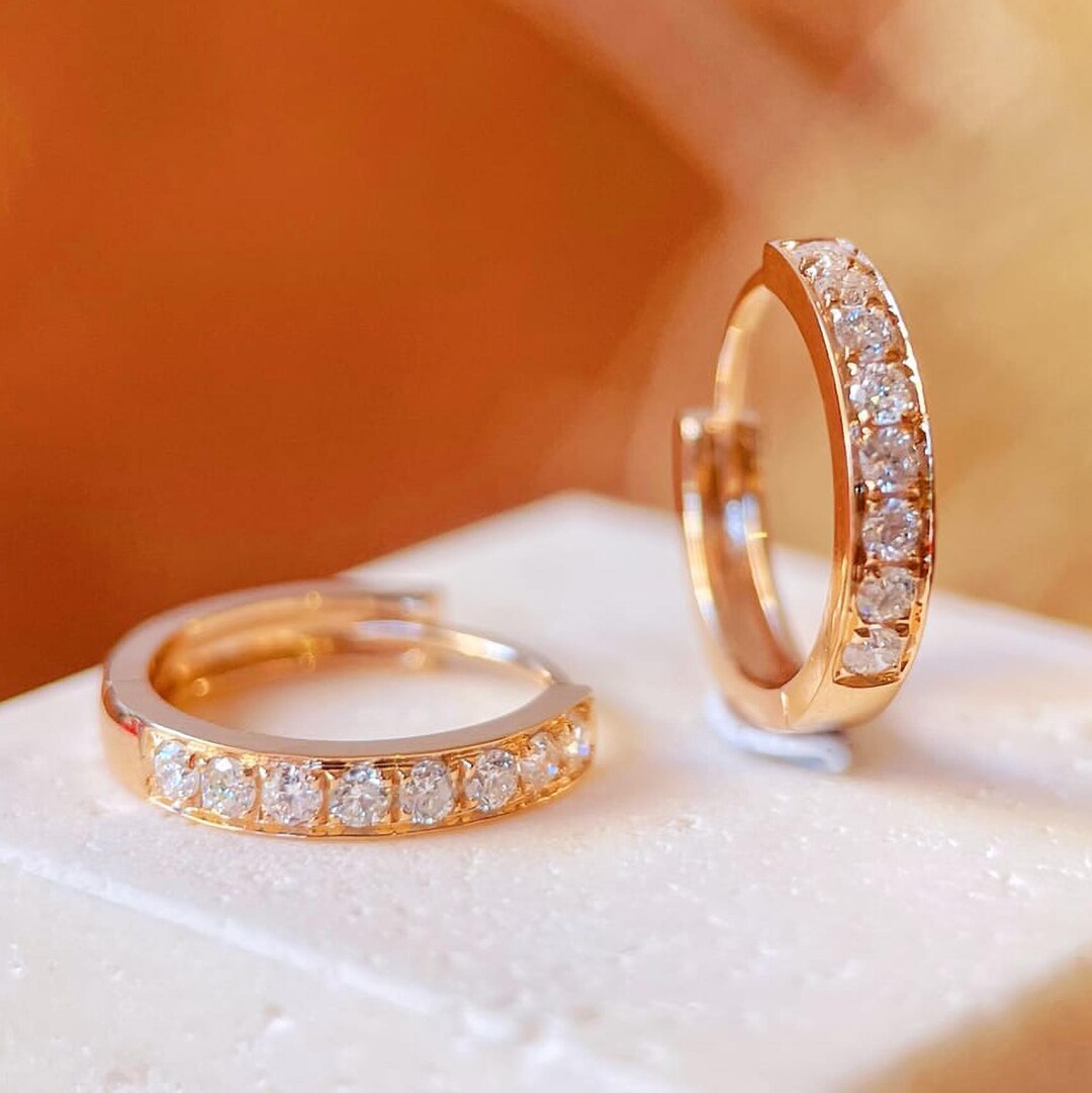 18K Gold Diamond Hoop Ear Huggie Half Pavé Sparkling Elegant Minimalist ...