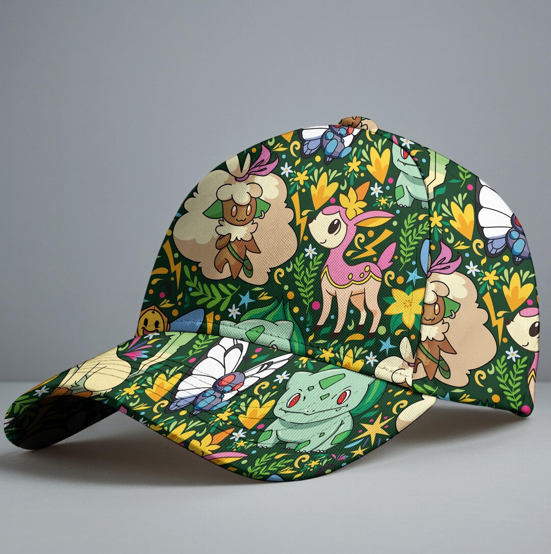 Bulbasaur Baseball Cap, Cute Butterfree Forest Pattern Hat, Green ...
