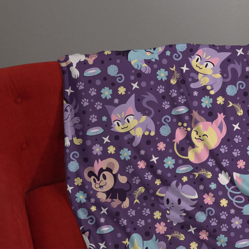 Meowth Fleece Blanket Cute Cat Pattern Cozy Throw Blanket Funny Family ...