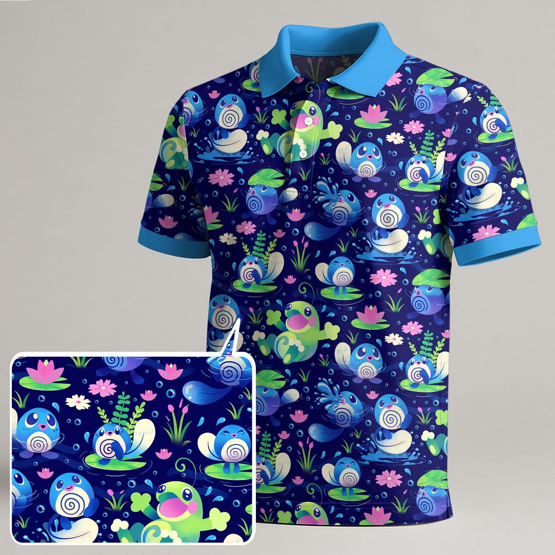 Poliwag Politoed Polo Shirt, Cute Water Lily Pond Pattern Polo, Kawaii ...