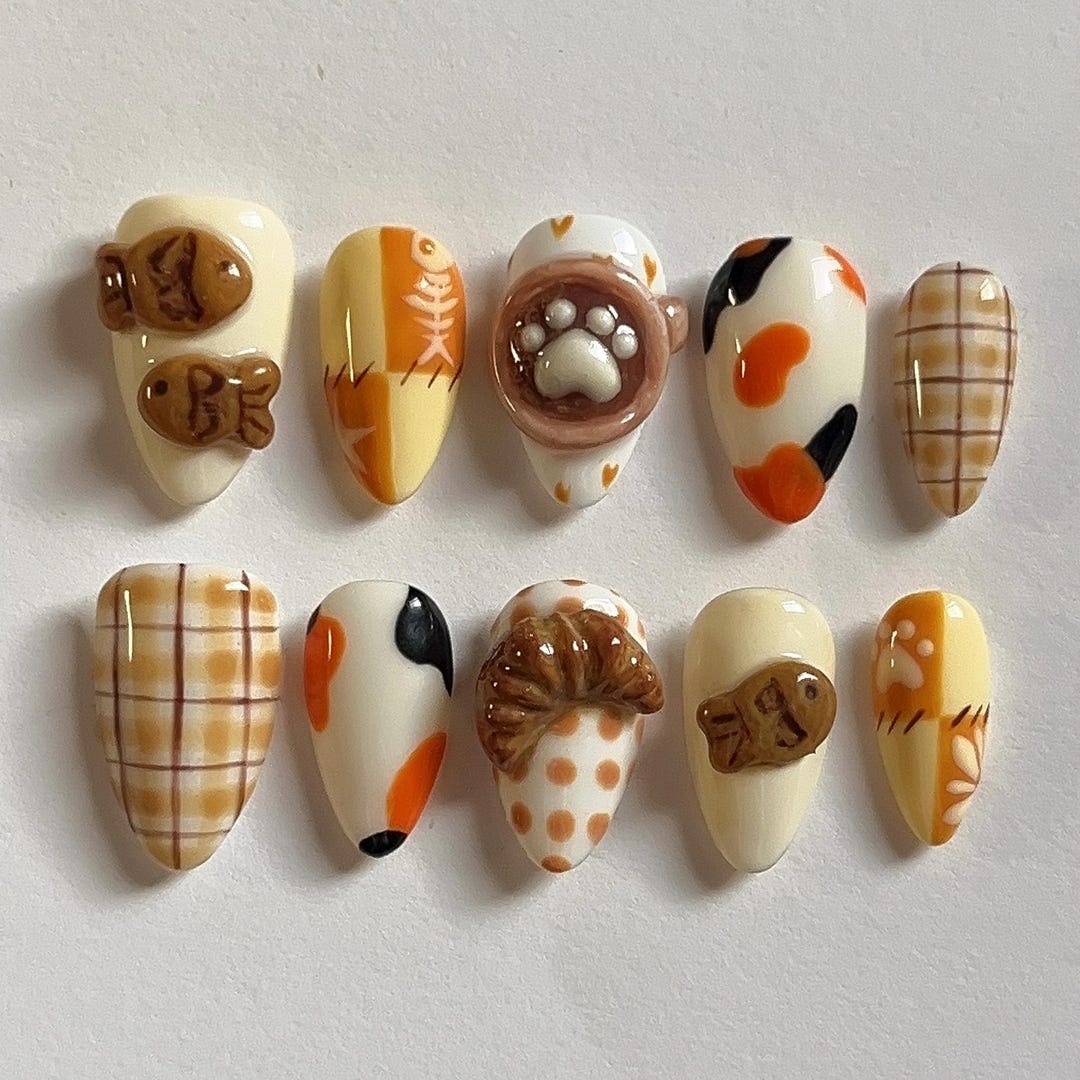 Calico Cat Cafe Nails: Cozy Faux Acrylic Press-ons, Customizable, Short ...