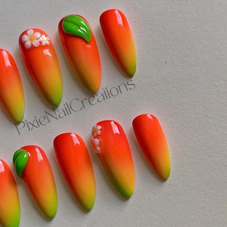 Mango Fruit Nails: Summer Faux Acrylic Press-ons, Customizable, Medium ...
