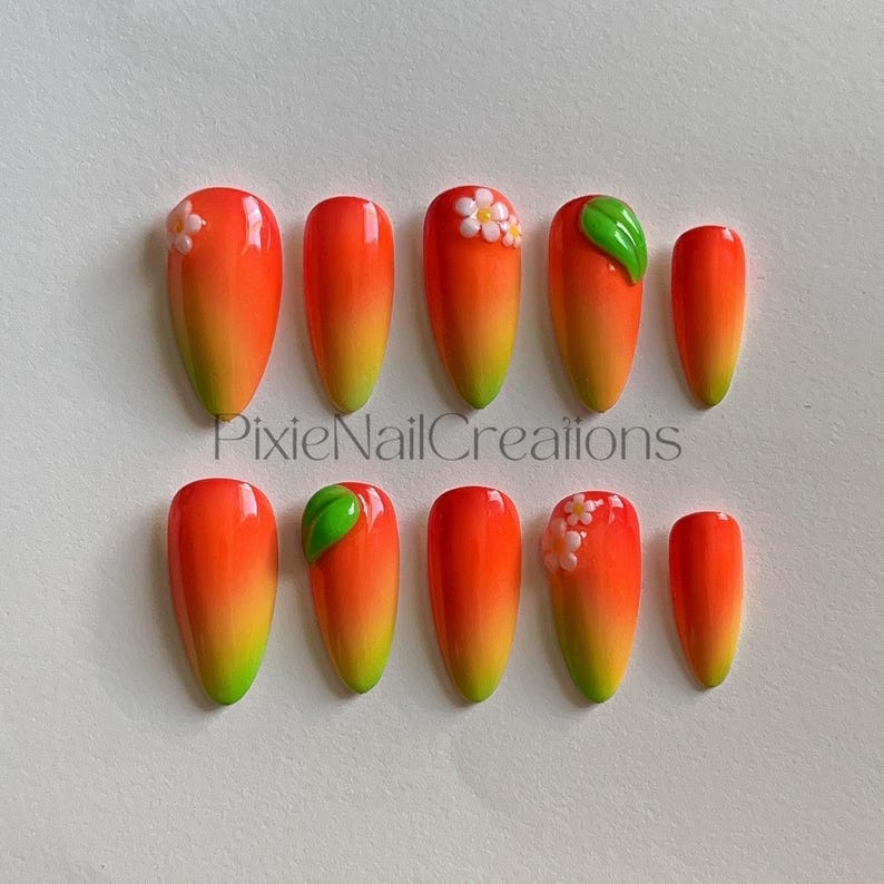Mango Fruit Nails: Summer Faux Acrylic Press-ons, Customizable, Medium ...