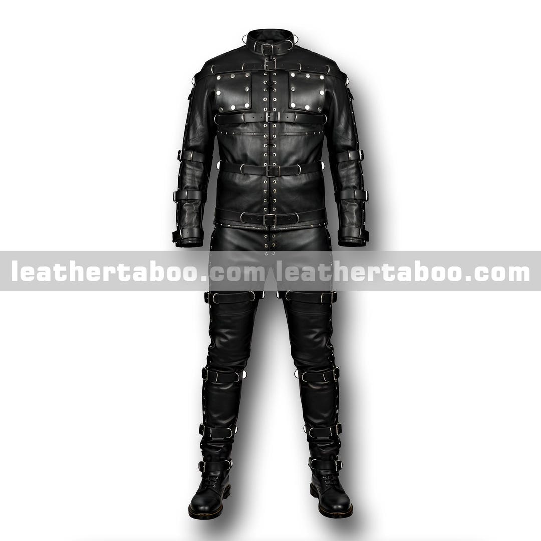 Men's Black Leather Straitjacket and Pants for LARP Fantasy Cosplay ...