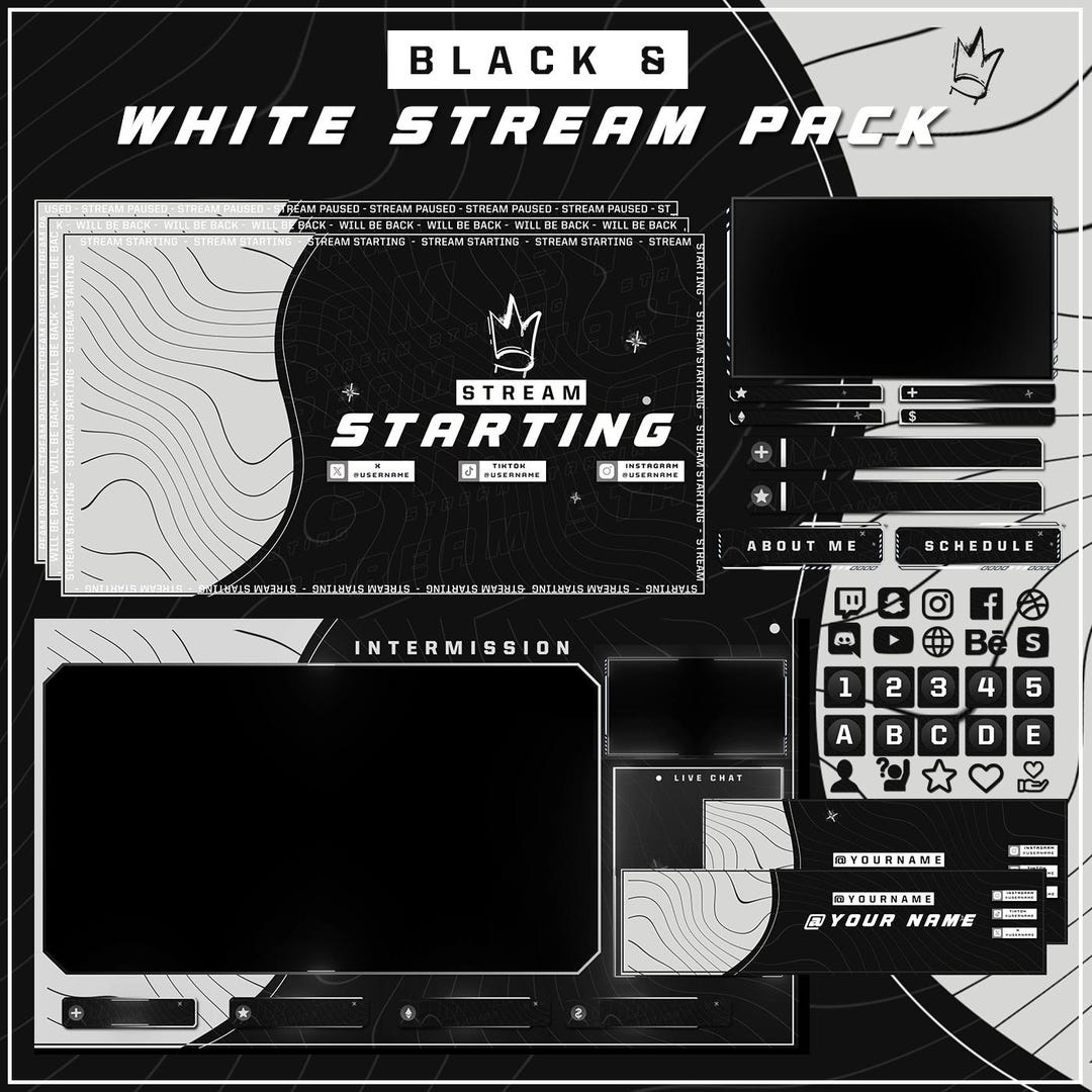 Premium Black and White Twitch Overlays Full Stream Package Black ...
